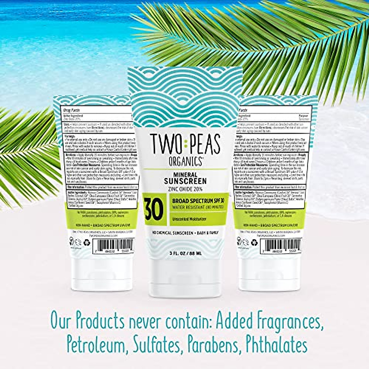 Two Peas Organics - All Natural Organic SPF 30 Sunscreen Lotion - Coral Reef Safe - Baby, Kid & Family Friendly - Chemical Free Mineral Based Formula - Waterproof & Unscented - 3oz (1 Pack)