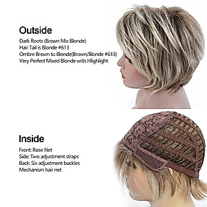 Rosa Star Short Wig Ombre Brown Mixed Blonde Hair Wigs Natural Curly with Bangs Synthetic Hair Fibers Heat Resistant Full Wig for Women