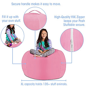 Posh Stuffable Kids Stuffed Animal Storage Bean Bag Chair Cover - Childrens Toy Organizer, X-Large 48" - Solid Pink