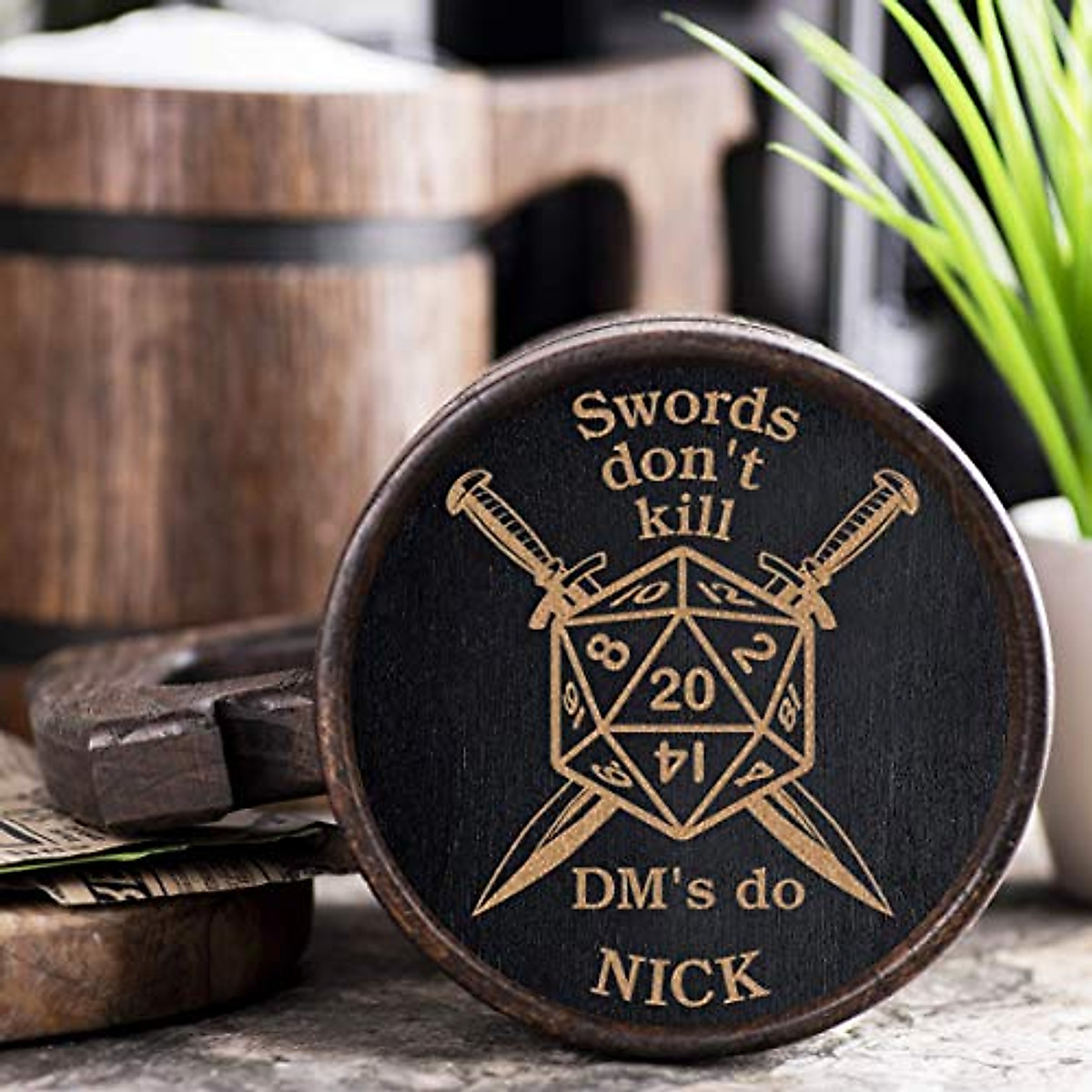 Swords don't kill DM's do Beer Mug. D20 Wooden Beer Mug. Dungeon and Dragons Mug. Dungeon Master Personalized Mug. D&D Gift. DnD Beer Stein. Gift for Men. Gamer Gift. Beer Tankard. Gift for Him K250