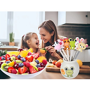 Zeltauto 6 Pcs Fruit Forks Cute Cartoon Animal Food Picks for Kids Mini Salad Cake Dessert Toothpicks Forks with a Ceramic Holder for Party Supply(Cartoon)
