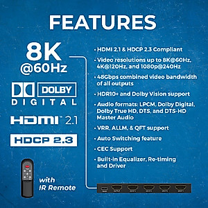 OREI 8K HDMI 2.1 Switch 4x1, Switcher UltraHD Supports Upto 4K @ 120Hz VRR, Dolby Vision, ALLM, Audio SwitchingPS5, Xbox, Gaming, Remote Contorl IR HDCP 2.3 CEC