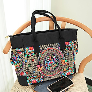 Embroidered Canvas Top Handle Handbag, Ladies Casual Vintage Shoulder Bag Fashion Tassels Handbag (Golden Flower)