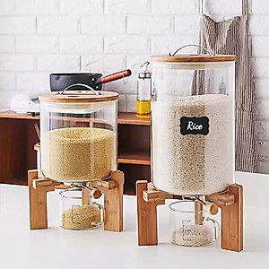 Rice Oatmeal Dispenser Storage Container - Flour and Cereal Glass Food Storge Container with Airtight Lid Wooden Stand & Measuring Cup for Kitchen Organization (5L)