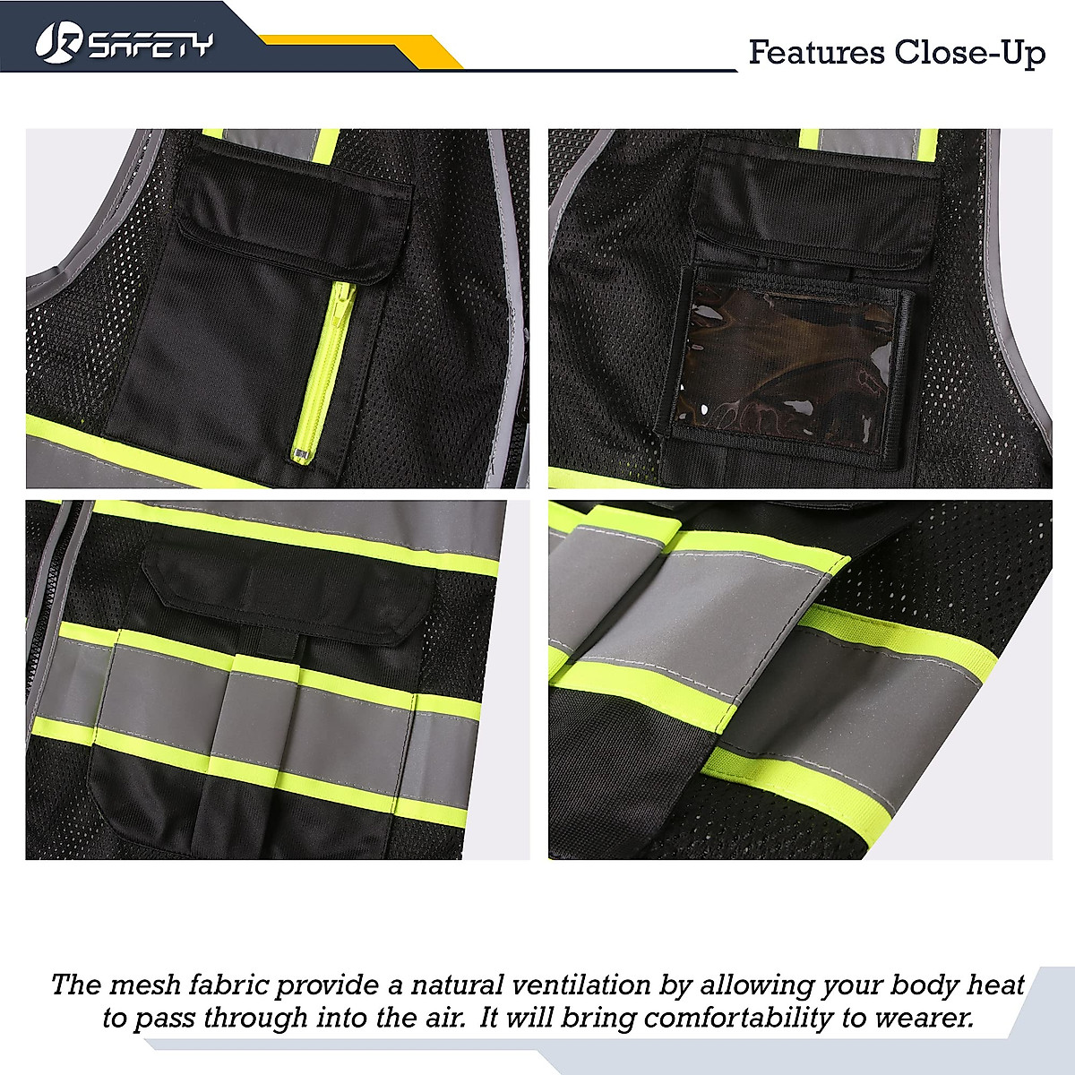 JKSafety 9 Pockets Hi-Vis Mesh Safety Vest for men and women | Chaleco reflectante de seguridad | Zipper Front | Multiple Pockets | Class 1 (140-Black XL)