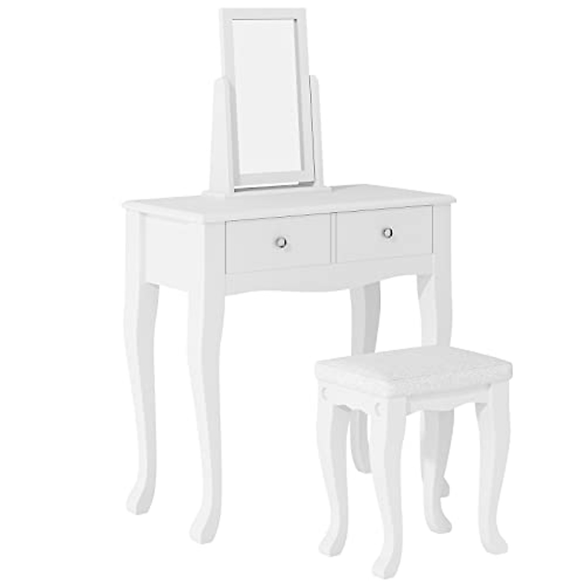 soges Makeup Vanity Table Set, 2-Drawer Dresser Desk, 360° Rotation Mirror, Cushioned Stool, Bedroom Dressing Table Set, White