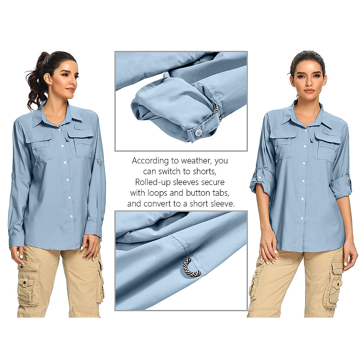 Jessie Kidden Women's UPF 50+ UV Sun Protection Safari Shirt, Long Sleeve Outdoor Cool Quick Dry Fishing Hiking Gardening Shirts (5055 Light Blue M)