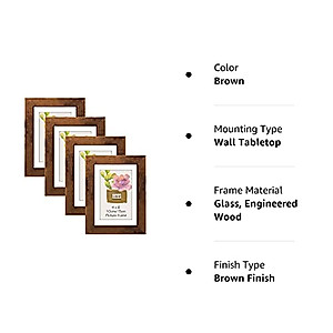 4x6 Picture Frame Set of 4, Display Photo 4x6 with Mat or 5x7 without Mat, Wooden Rustic Picture Frames for Tabletop or Wall Mounting, Brown
