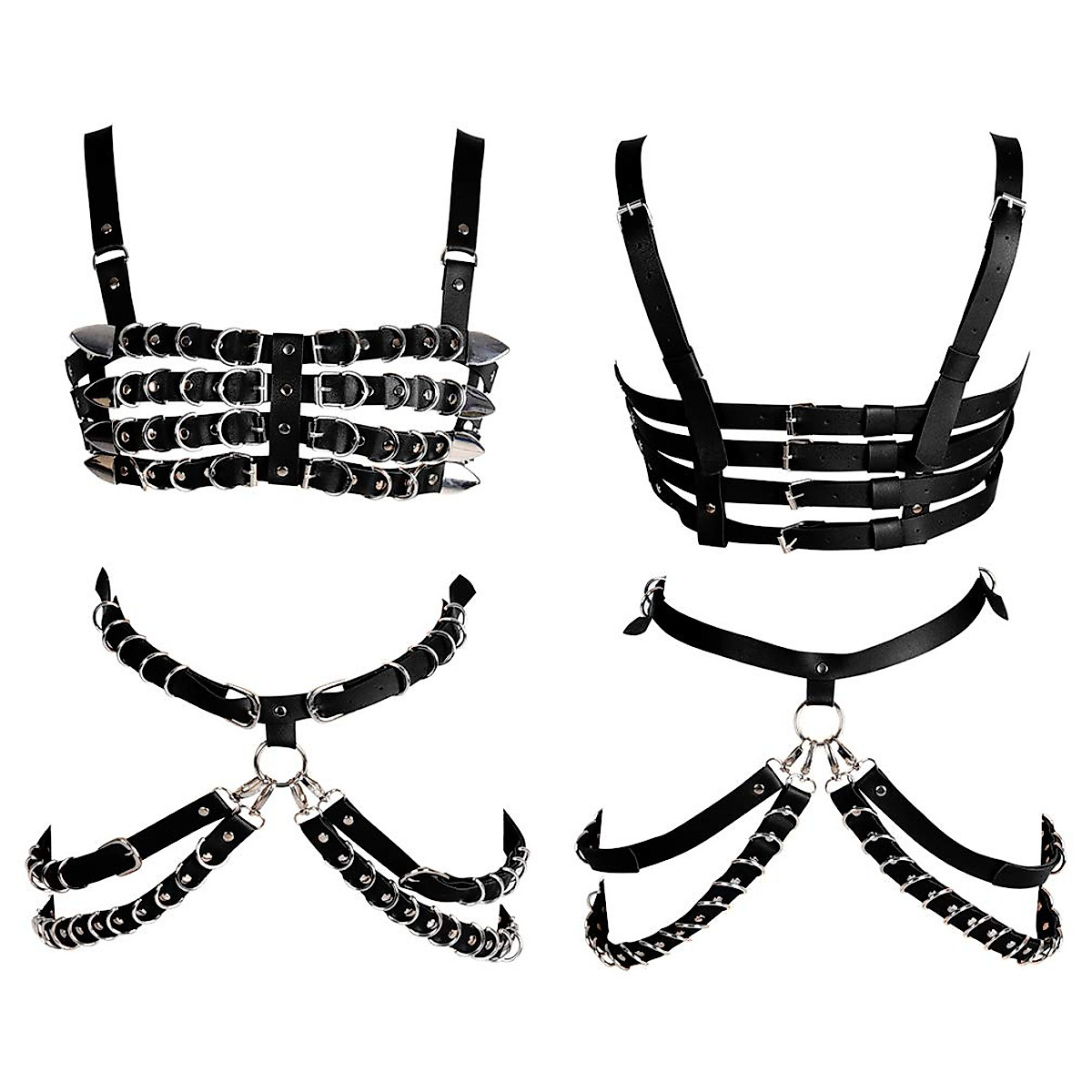 Women's full body harness bra Chest strap Leather Waist belt lingerie cage set Waist belt Punk gothic Dance Photography Rock (Black)