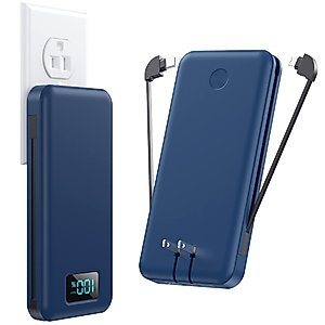 Portable Charger with Built-in Cables & AC Wall Plug,Ultra Slim 13800mAh USB-C Power Bank, 4 Output 2 Input LCD Display External Battery Pack Phone Charger Compatible with iPhone Samsung Android -Blue