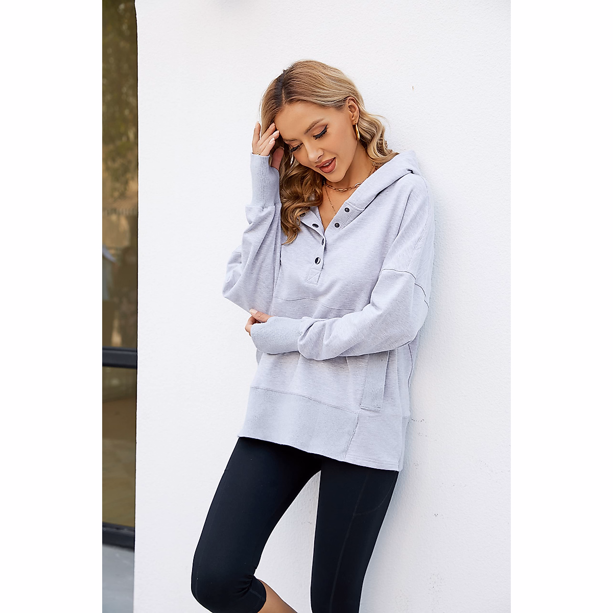 YMYDYFC Women Casual Oversized Hoodies Button Down Shirt V Neck Henley Sweatshirt Pullover Hooded Tops with Pockets Light Gray Small