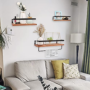 SARORRA Floating Shelves Set of 3, Bathroom Shelf with Towel Bar, Wall Mounted Rustic Wood Decor Shelves for Books, Wall Shelf with Metal Frame for Bedroom, Office, Kitchen