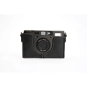 Contax T3 Case, BolinUS Handmade Genuine Real Leather Half Camera Case Bag Cover for Contax T3 Camera with Hand Strap (Black)