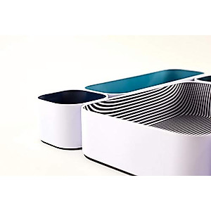 Three by Three Seattle 5 Piece Metal Organizer Tray Set for Storing Makeup, Stationery, Utensils, and More in Office Desk, Kitchen and Bathroom Drawers (2 Inch, Assorted Blue and Stripes)