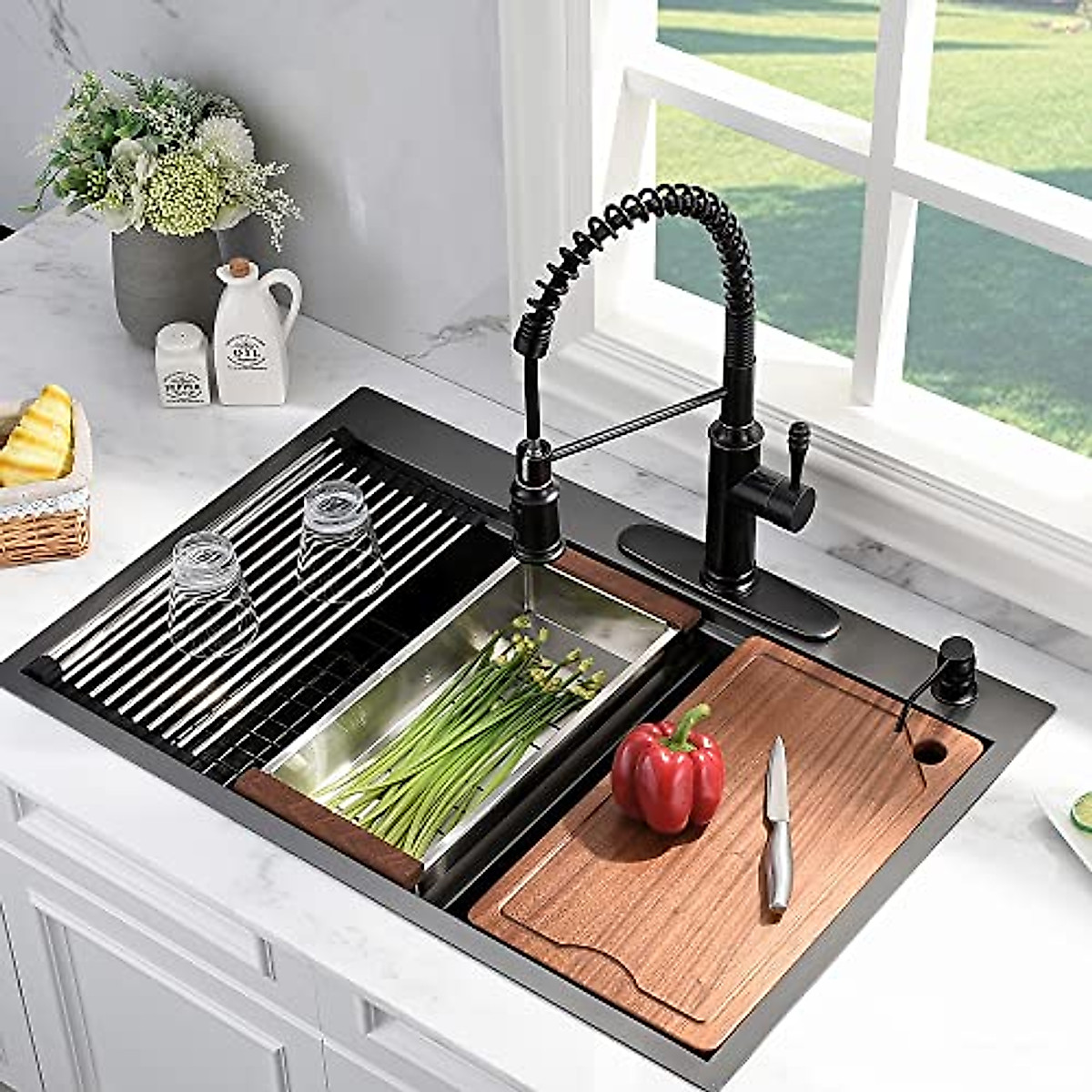 SOMRXO 28 Black Stainless Steel Kitchen Sink Double Bowl 28x22 Drop In Kitchen Sink Workstation Ledge 16 Gauge Gunmetal Black Kitchen Sink Topmount 10" Deep 40/60 Low-Divide Double Bowl Kitchen Sinks