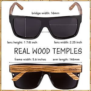 Woodies Black Oversized Flat Top Square Zebra Wood Sunglasses with Dark Polarized Lens for Men and Women | 100% UVA/UVB Protection