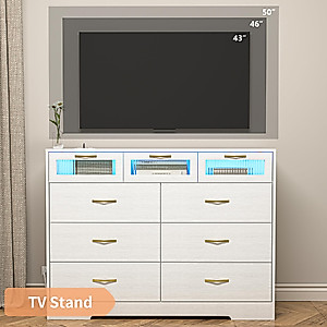 Vibe & Dine 9 Drawer Dresser with LED Lights and Charging Station, Modern Chest of Drawers Closet Organizer, Wood Wide Storage Dresser for Bedroom, Living Room