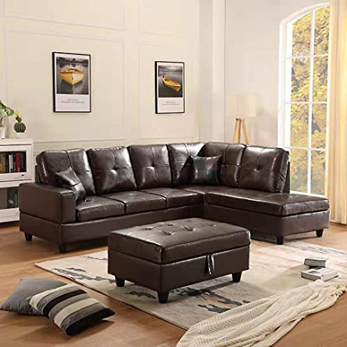 OPTOUGH 3 PC Sectional Faux Leather Sofa Set with Storage Ottoman, 2 Pillows Included, Living Room Couch, Brown
