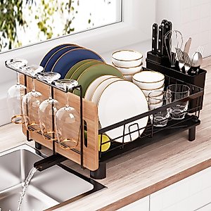 IceFun Dish Drying Rack,Kitchen Dish Rack with Auto-Drain, 3-Slot Cutlery Holder, Wine Goblet Holder,Cutting Board Holder, and 360° Rotating Spout.Dish Racks for Kitchen Counter,12''W x 15''L,Black