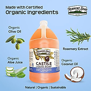 Vermont Castile Soap Unscented, Gentle Liquid Soap for Sensitive Skin & Natural Body Wash, Organic Hair Shampoo for Oily Hair, Aloe Castile Soap for Men & Women - Gallon
