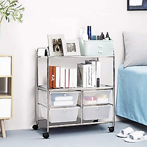 RELAX4LIFE Storage Cart W/Four Drawers, Wheels and Two Shelves, Stable Steel Frame Craft Cart for Office,Home, Make Up Storage and Files Arrangement Storage Cart Organizer (Clear)