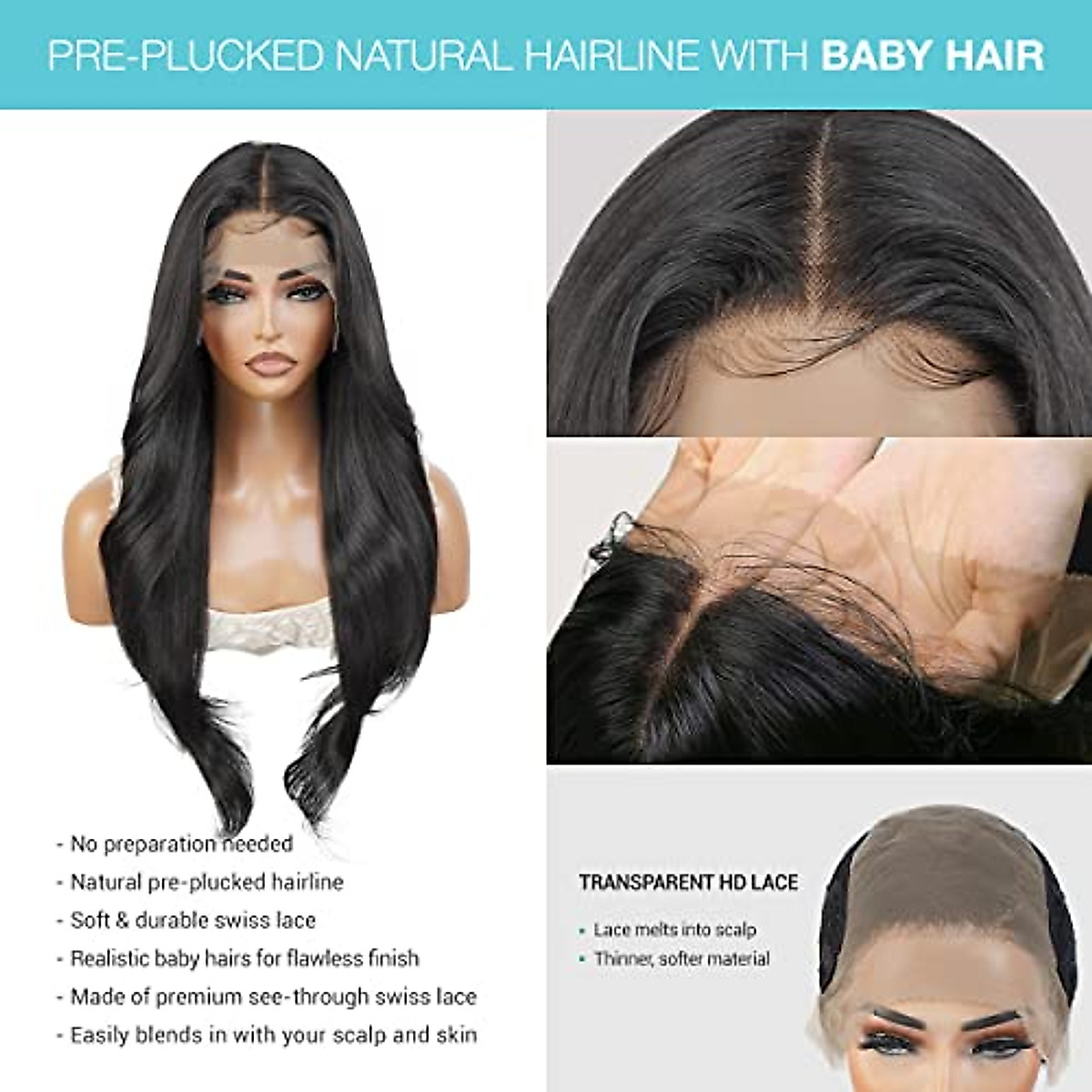 GLAM21USA HD Lace Front Straight Curly Wig 13X6 Glueless Invisible Transparent Frontal Wig Long Human Hair Blend PrePlucked Hairline Swiss-Lace Synthetic Wigs - Tastee (28 Inch, 1B-OFFBLACK)