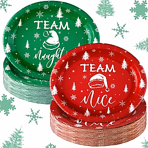 100 Pcs Christmas Paper Plates Christmas Party Decorations Team Naughty or Nice Disposable Oval Plates 10'' x 12'' Dinner Plates Christmas Gifts Bulk Disposable Plates Set for Christmas Holiday Party