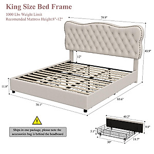 HOSTACK King Bed Frame with 4 Storage Drawers, Upholstered Platform Bed Frame with Button Tufted Headboard, Heavy Duty Mattress Foundation with Wooden Slats, No Box Spring Needed (Beige, King)