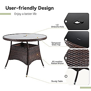 SUNCROWN 5 Piece Outdoor Dining Set All-Weather Wicker Patio Dining Table and Chairs with Cushions, Tempered Glass Tabletop with 9 FT Patio Umbrella for Patio Backyard Porch Garden Poolside, Round