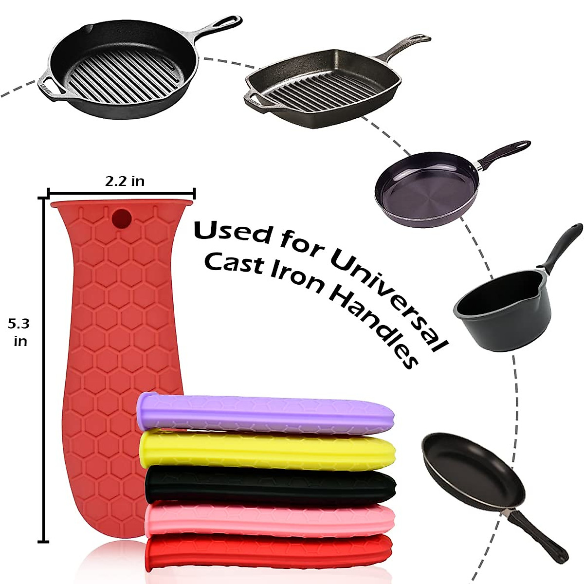 Silicone Cast Iron Handle Cover 5 Pack, Pot Holder for Kitchen, High Heat-Resistant Skillet Grip Protective Sleeve Fitted on Frying Pans, Anti-Slip Machine-Washed Rubber Case with Hole Easy to Store