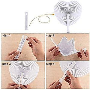 Zwin 48 Pcs Heart Shaped Paper Fans for Wedding Pocket Folding Paper Fans with Plastic Handle White Blank Fans for Guest Celebration Party Decoration