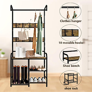 SUOERNUO Coat Rack Hall Tree with Shoe Storage Bench for 3-in-1 Entryway Hall Tree with 8 Removable Hooks, 28.27 x 12.2 x 72.83 Inches (28.27 Inch)