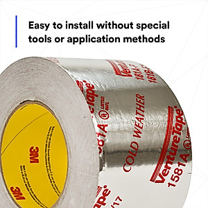 3M Venture Tape UL181A-P Aluminum Foil Tape 1581A, Rigid and Flexible Duct Seaming, Durable, Cold Weather Adhesion, 3.89 in x 60 yd, 2 mil