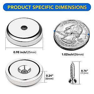 DIYMAG Neodymium Round Base Cup Magnet,60LBS Strong Rare Earth Magnets with Heavy Duty Countersunk Hole and Stainless Screws for Refrigerator Magnets,Office,Craft,etc-Dia 0.98 inch-Pack of 12
