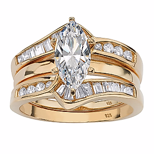 PalmBeach Yellow Gold-Plated or Sterling Silver Marquise Cut and Baguette Cubic Zirconia 2 Piece Jacket Bridal Ring Set Size 8