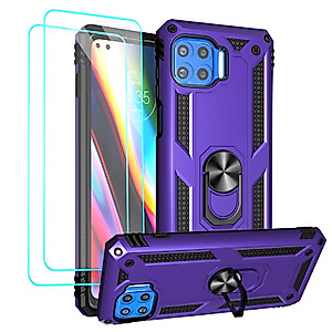 Androgate Compatible with Moto One 5G Case, Motorola One 5G UW Case, with Tempered Glass Screen Protectors, Military-Grade Metal Ring Kickstand 19ft Drop Tested Shockproof Cover Case, Purple