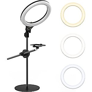 [Upgraded Base] ULANZI Overhead Phone Mount with 10" Selfie Ring Light, Tabletop Light Stand with 360° Shooting Arm, 3500k-6500K Dimmable Ring Light for Video Recording, Live Stream, Portrait & Makeup