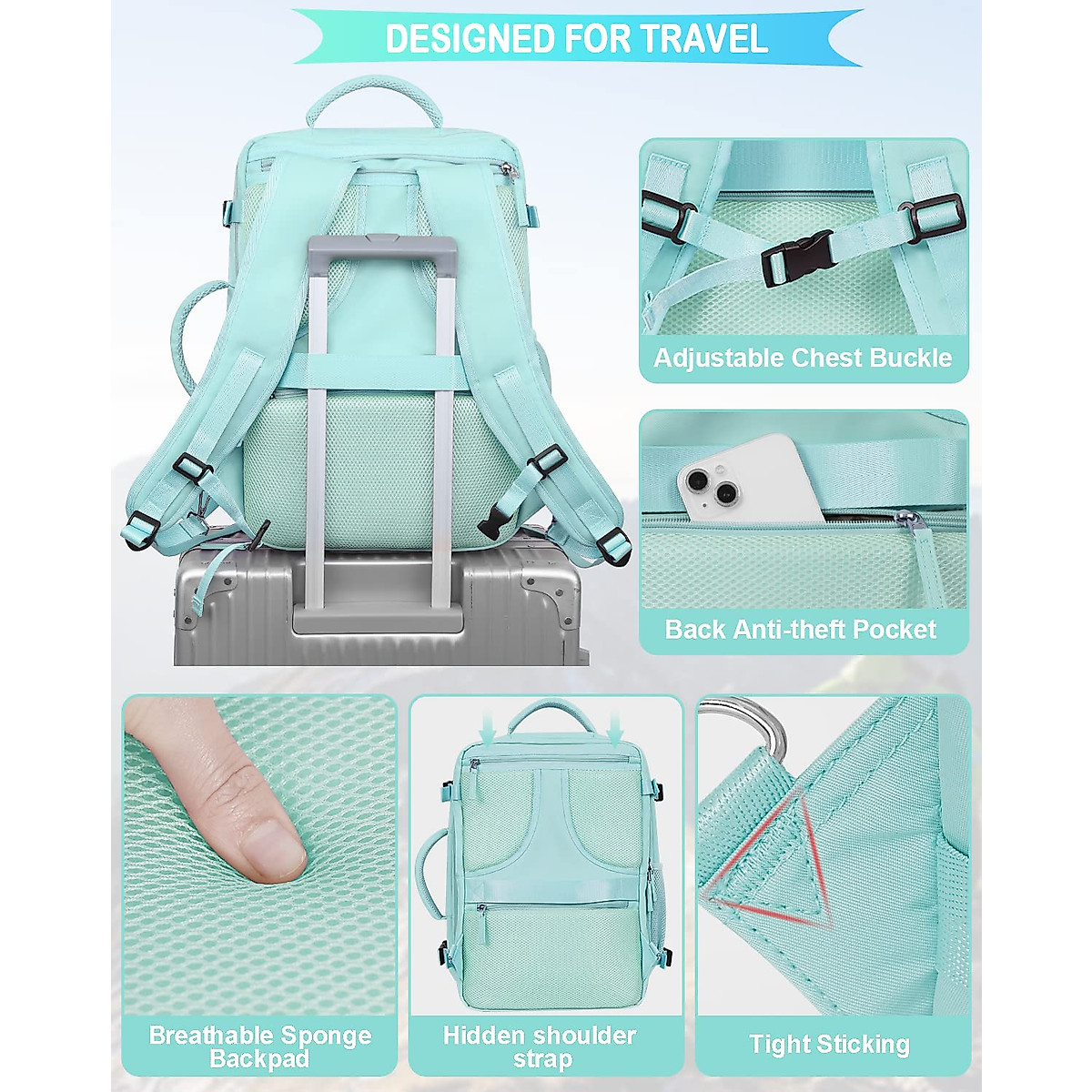 Getravel Large Travel Backpack, Carry On Backpack Airline Approved, 17inch Laptop Backpack, Waterproof Hiking Backpack, Sports Gym Business Daypack, Weekender Bag (Blue-green)