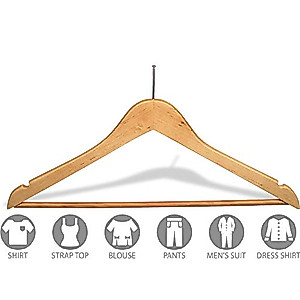 Wood Security Suit Hanger w/Solid Wood Bar & Anti-Theft Nail Hook, (Box of 50) Space Saving 17 Inch Flat Wooden Hangers w/Natural Finish & Notches by The Great American Hanger Company