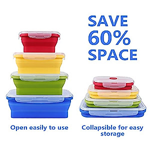 VIGIND Set of 4 Collapsible Foldable Silicone Food Storage Container With BPA Free, Leftover Meal Box With Airtight Plastic Lids For Kitchen, Bento Lunch Boxes-Microwave, Dishwasher and Freezer Safe