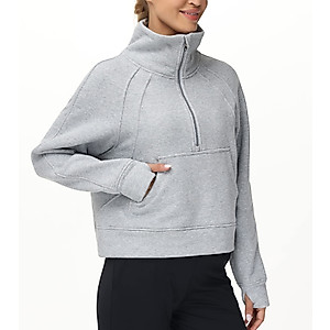 THE GYM PEOPLE Women's Half Zip Pullover Sweatshirt Fleece Stand Collar Crop Sweatshirt with Pockets Thumb Hole Grey