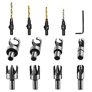 SaferCCTV 4Pcs Countersink Drill Bit Set, 8pcs Wood Plug Cutter Drill Bit Set for Tapered 5/8" 1/2" 3/8" 1/4" Woodworking Cork Drill Bit Knife