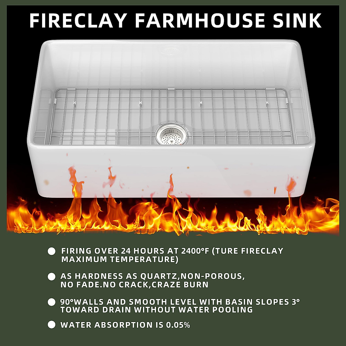 TUKTUK White Farmhouse Sink 30 Inch Farm Sink Fireclay Apron Front Single Bowl Kitchen Sinks Deep Drop In Undermount Kitchen Sink Luxury Bottom Grid & Strainer Drain Included