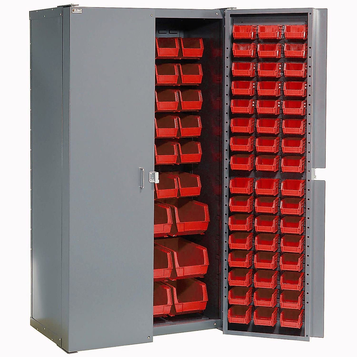 Global Industrial Bin Cabinet with 144 Red Bins, 38x24x72, Assembled