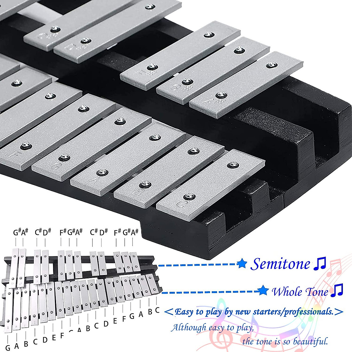 MIRIO 30 Notes Foldable Glockenspiel Xylophone Percussion Set, Glockenspiel Bell Kit With Carry Bag, Mallets for Beginner/Professional, Children Educational Percussion Musical Instrument (Silver)