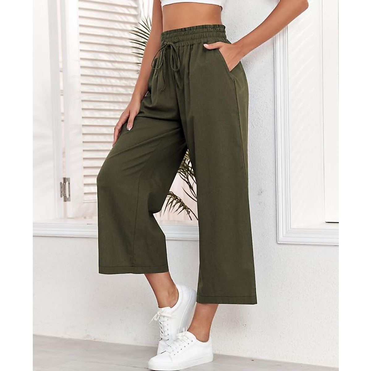 REDMORE High Waisted Linen Pants for Women Summer Wide Leg Capris Lightweight Casual Drawstring Trousers Palazzo Pants Army Green