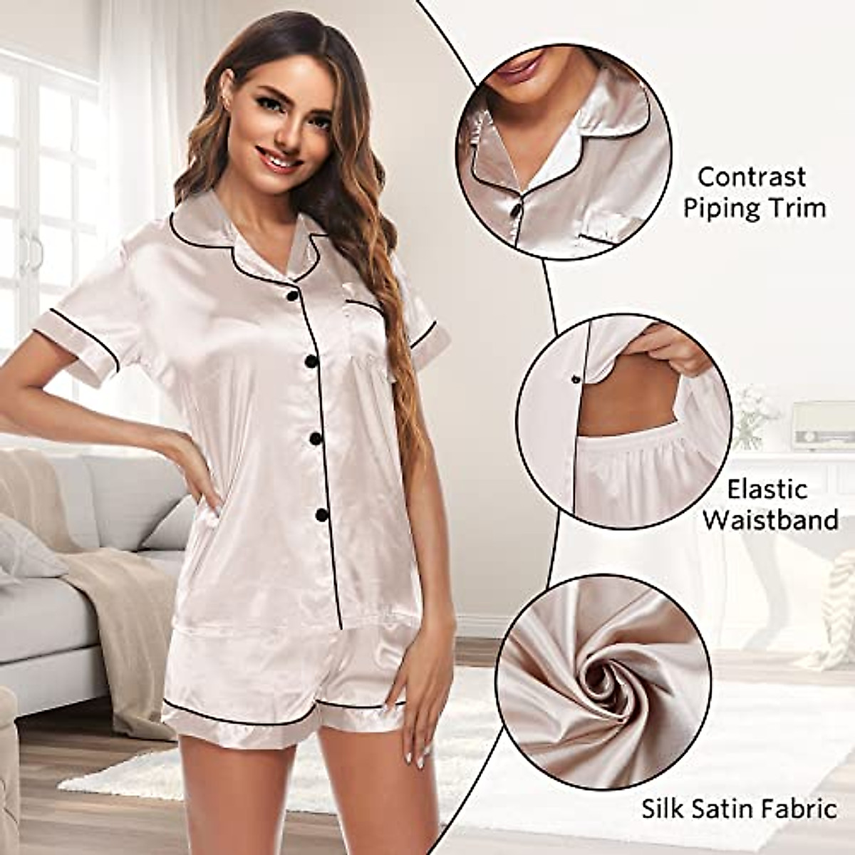 Olaorell Women's Silk Satin Pajamas Set in Two-Piece Satin Sleepwear for Women PJ Sets Loungewear Short Sleeve Elastic Waist Champagne