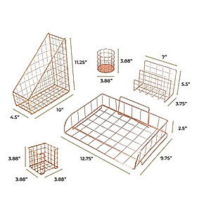 BLU MONACO Rose Gold Desk Organizer - 5 Piece Desk Accessories Set - Letter - Mail Organizer, Paper-Document Tray, Pen Cup, Magazine File Holder - Diagonal Pattern - Office Supplies Stationery Décor
