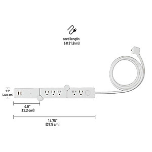 Designer Series 5-Outlet USB Surge Protector Flexible Power Strip, 2x USB Ports (5V/3.1A), Surge Protector, Right Angle Plug, Central On/Off Button, 6ft Cord, White Finish,78449