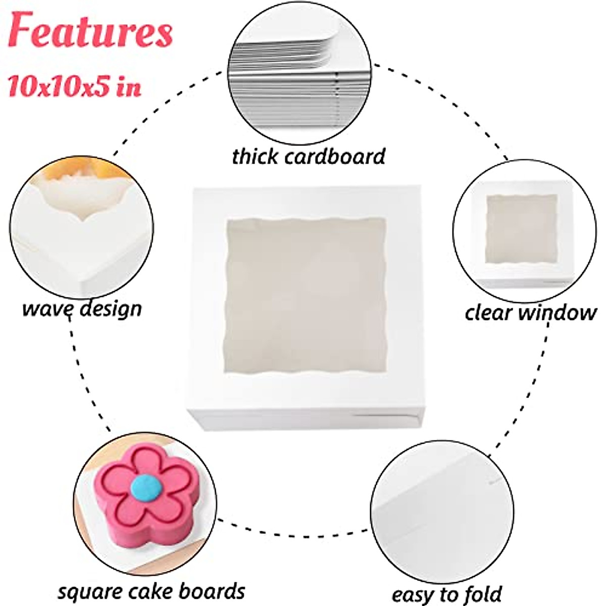 Feelfine Cake Boxes 10 Inch, 10x10x5 Cake Boxes with Square Cake Boards, 24 PCS Bakery Boxes with Window(12 Cake Boxes & 12 Boards) Cajas Para Pasteles for Cakes Pastries Cookies